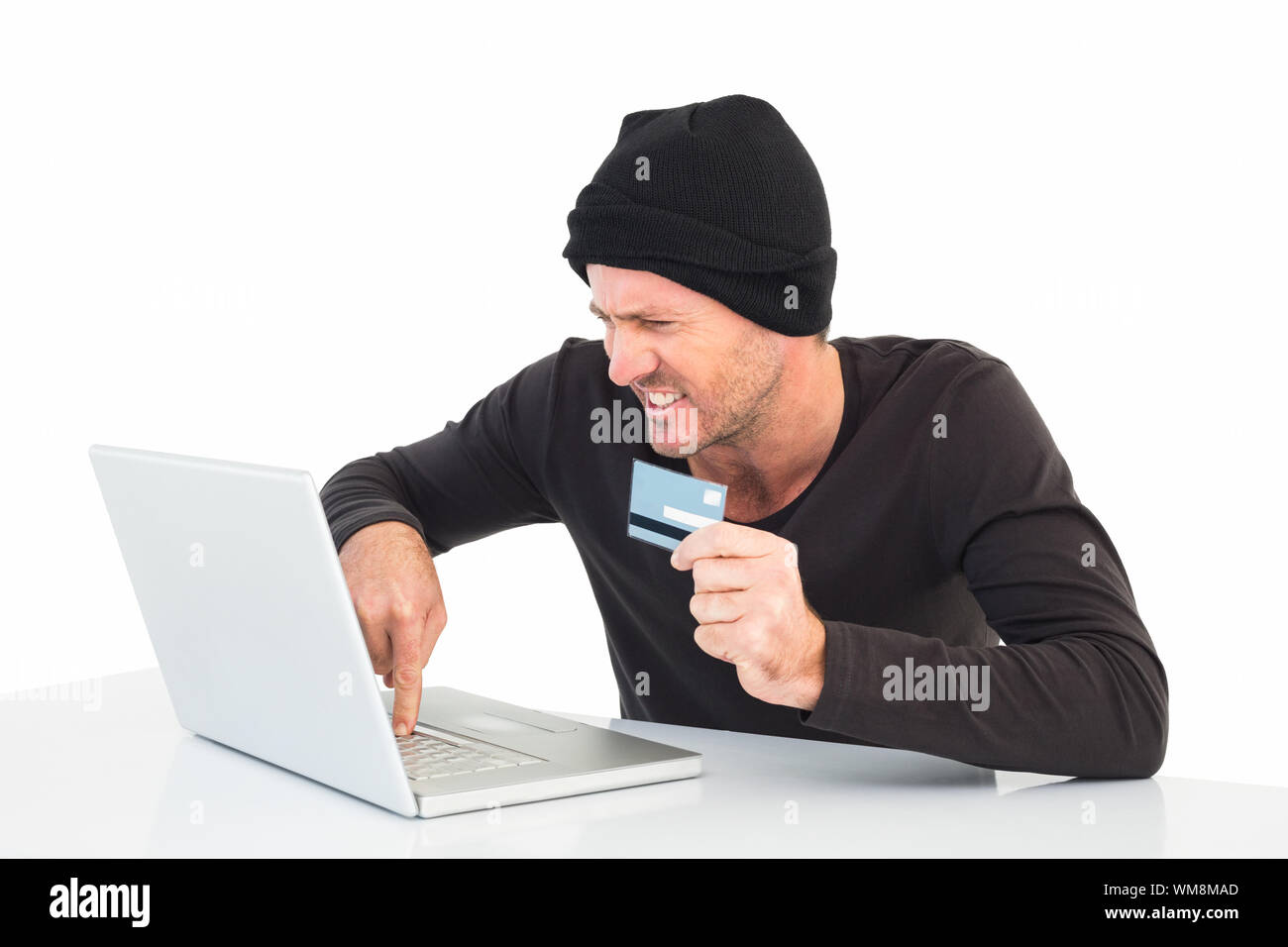 Hacker using laptop to steal identity on white background Stock Photo ...