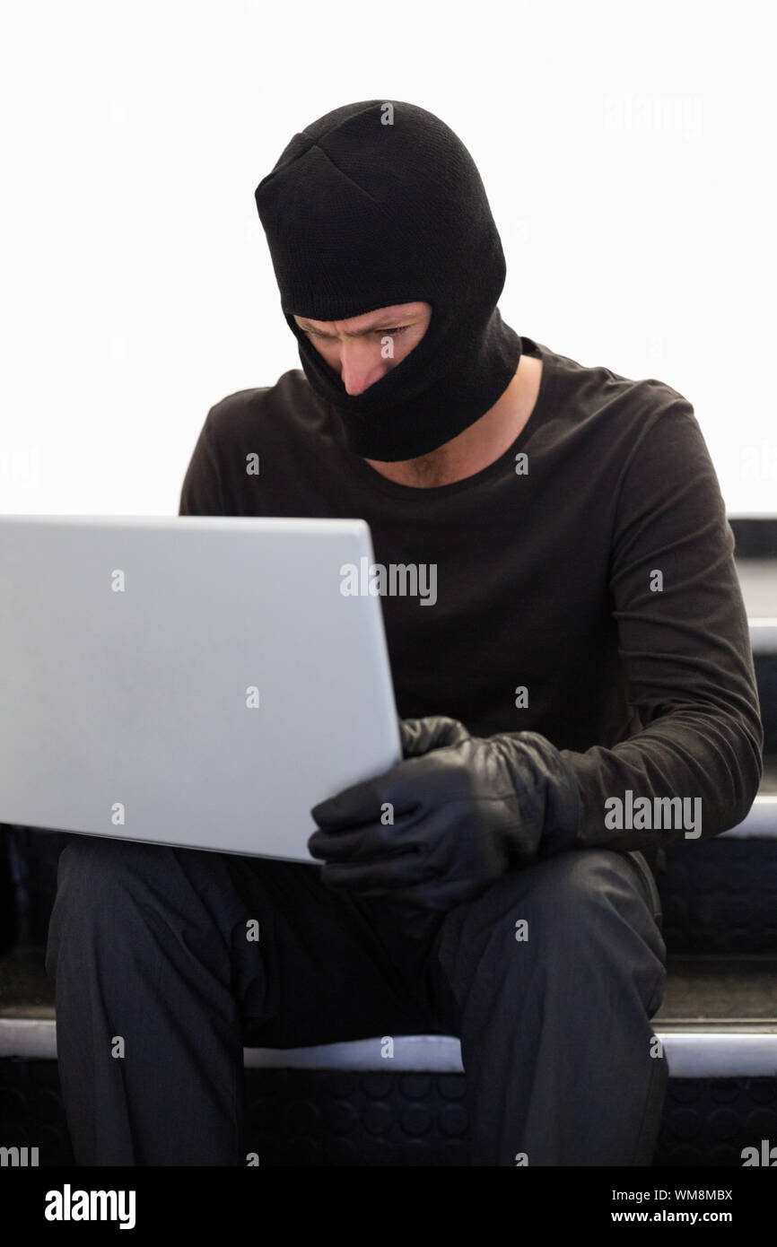 Hacker using laptop to steal identity on white background Stock Photo ...