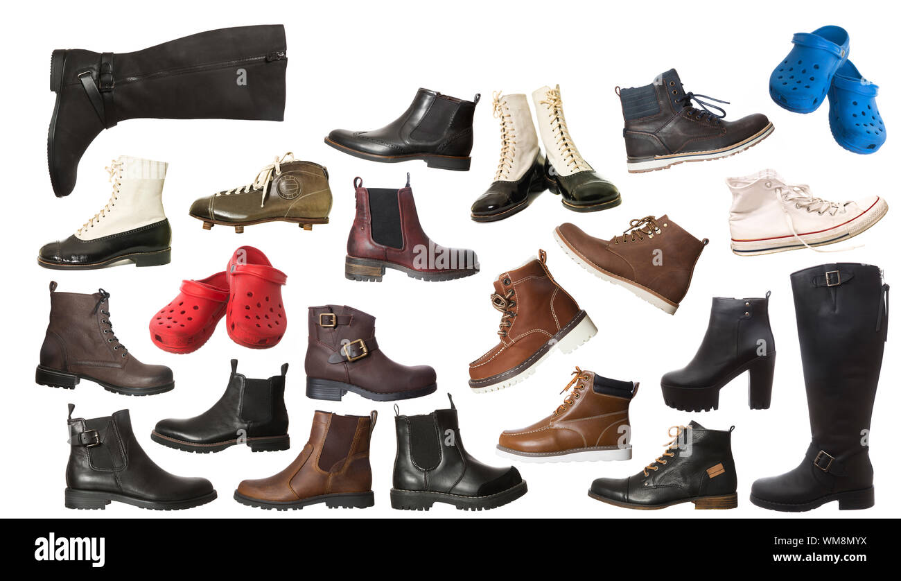Collage of a Large Group of Shoes isolated on white background Stock ...