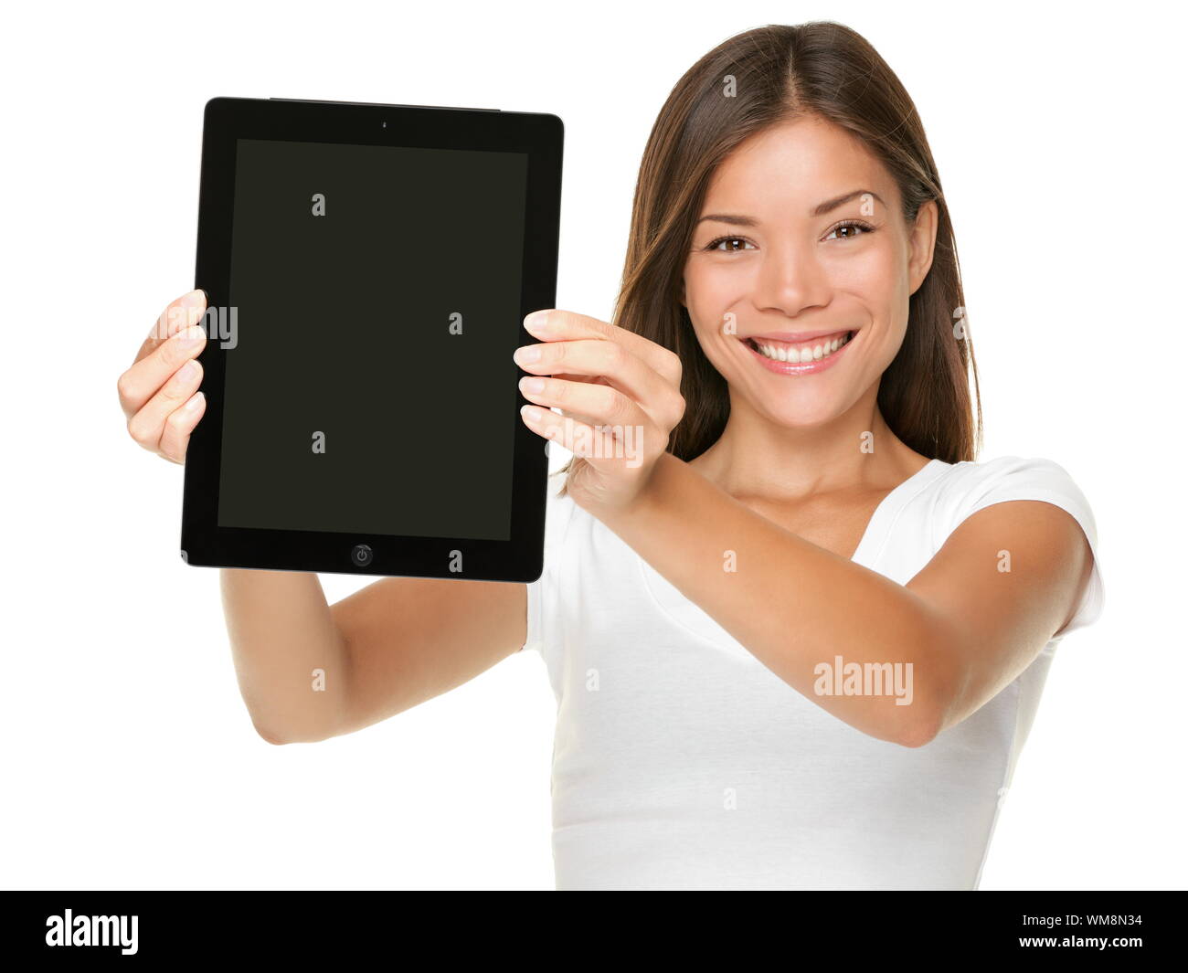 Tablet computer. Woman showing touchpad screen of tablet PC. Touch pad ...