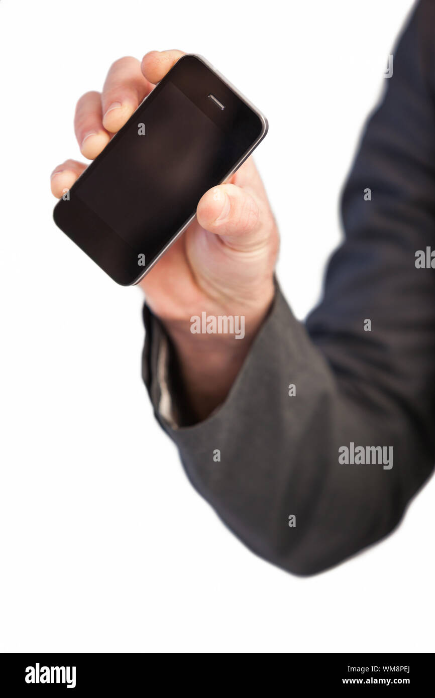 Hand of businessman showing smartphone on white background Stock Photo ...
