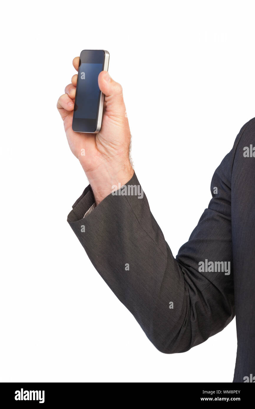 Hand showing a mobile phone on white background Stock Photo - Alamy