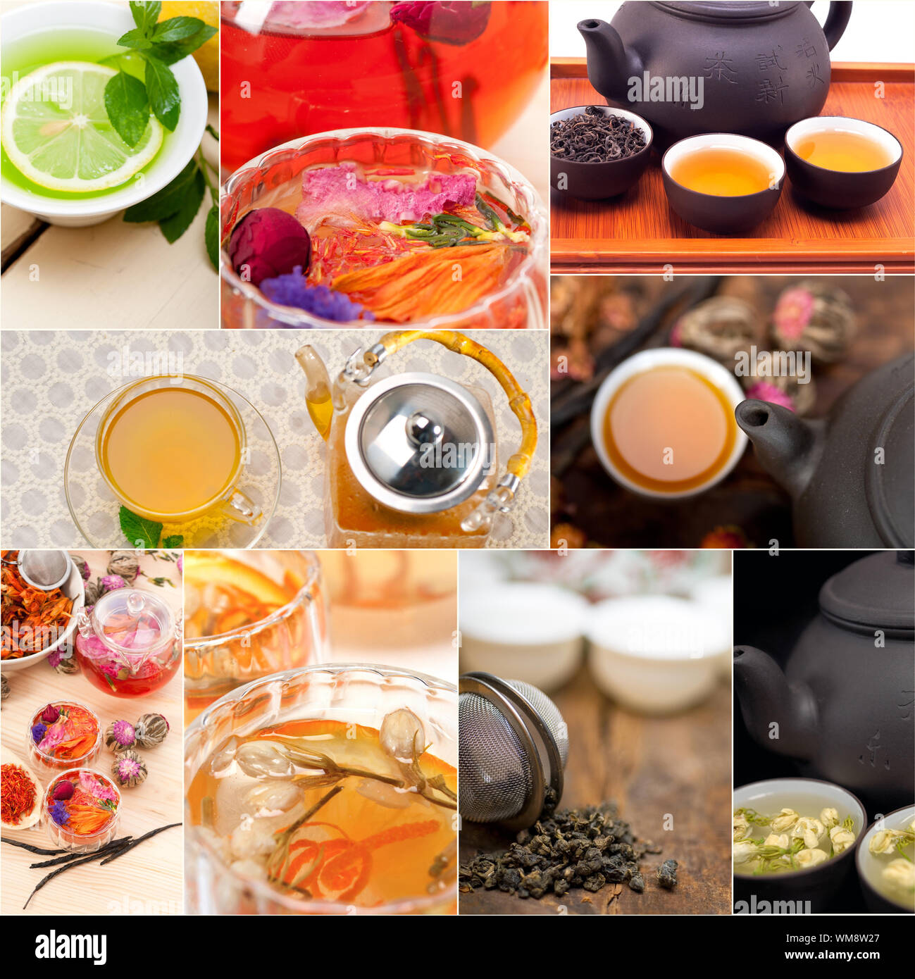 collection of different herbal tea infusion collage white frame Stock ...