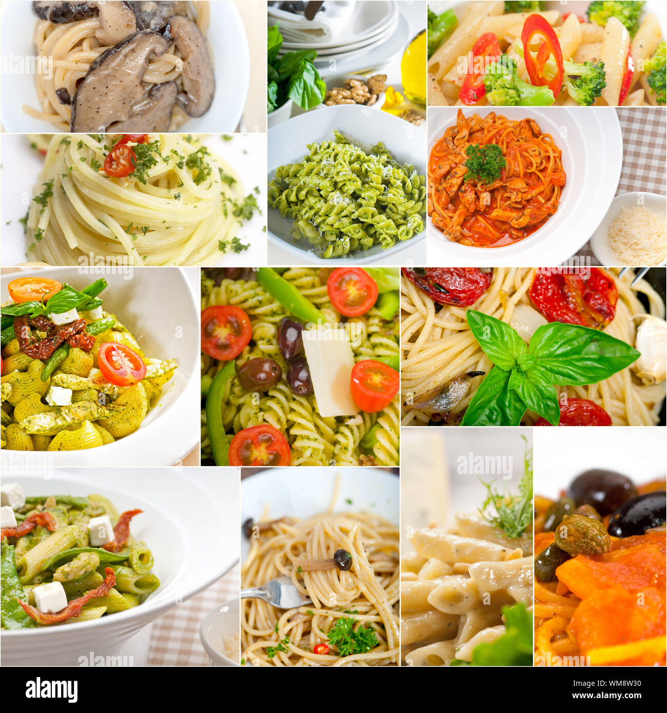 collection of different type of Italian pasta on collage white frame ...