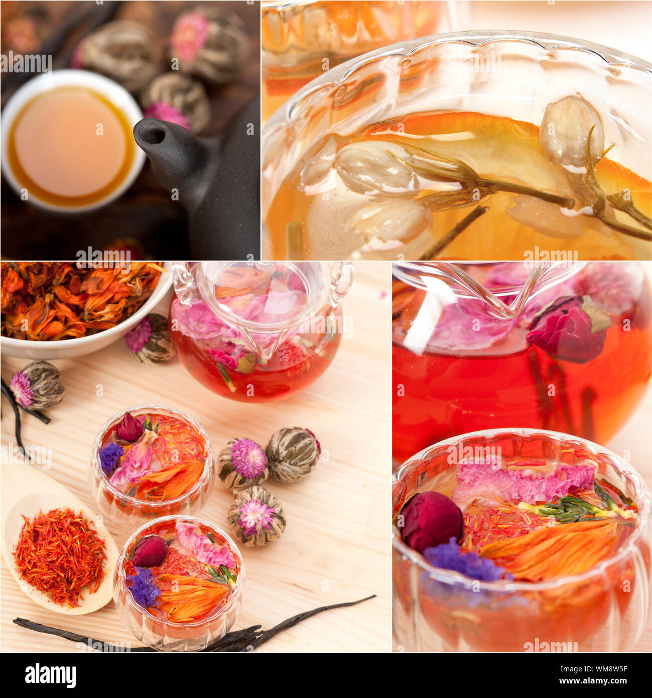 collection of different herbal tea infusion collage white frame Stock ...