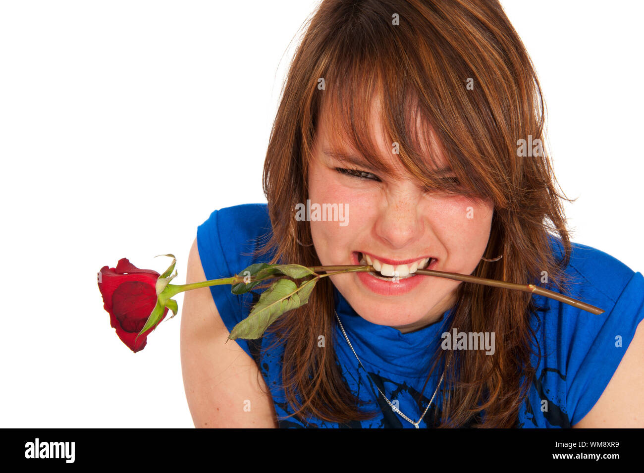 Portrait of an very angry attractive girl with red rose Stock Photo - Alamy