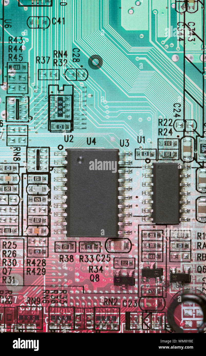 Abstract multi-color circuit board with electronic components Stock ...