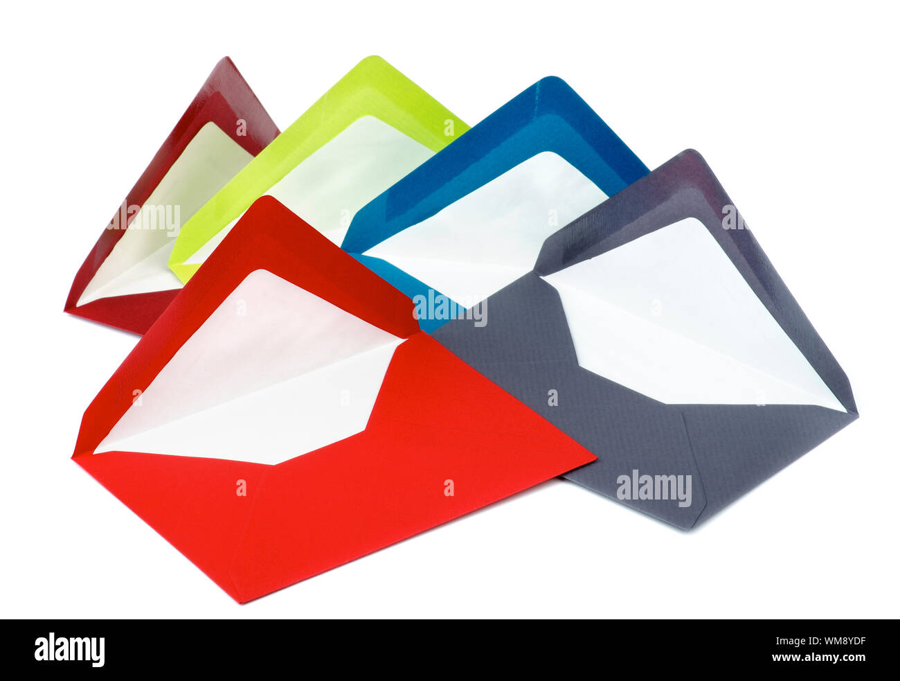 Arrangement of Five Colored Paper Envelopes isolated on white ...