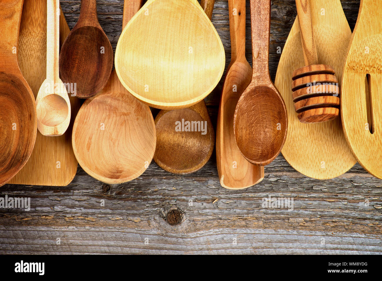 Horizontal Frame of Various Wooden Spoons and Cooking Utensils isolated ...