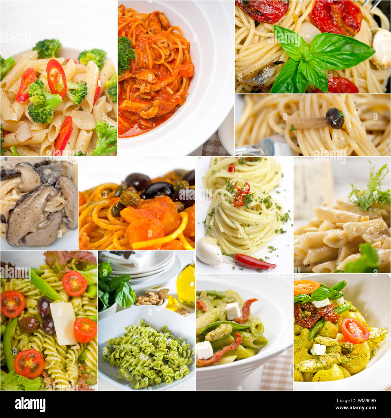 collection of different type of Italian pasta on collage white frame ...