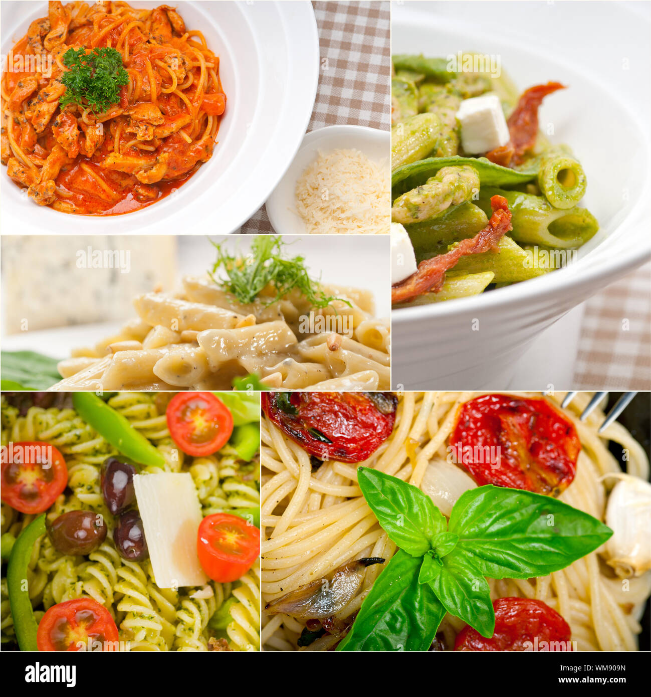 collection of different type of Italian pasta on collage white frame ...