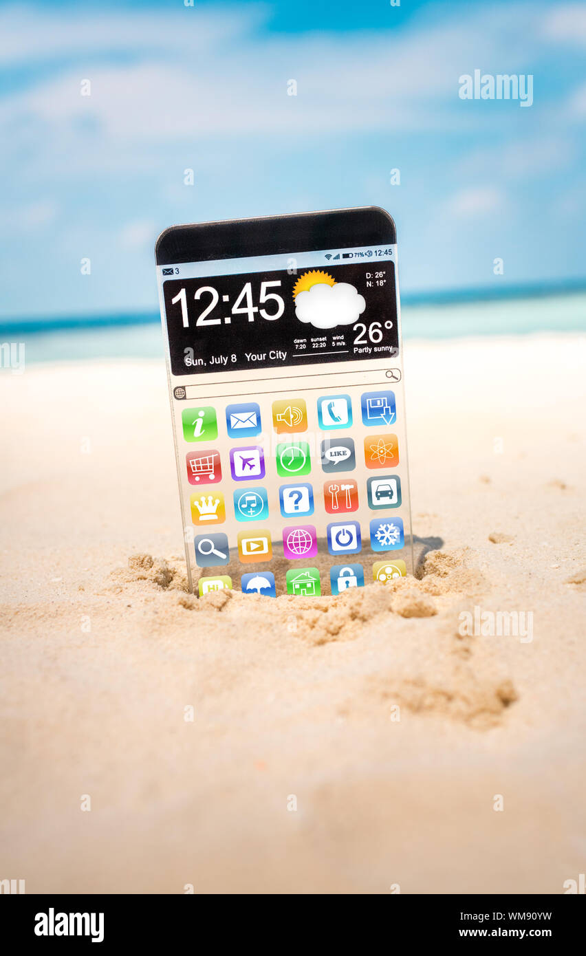 Futuristic Smart phone (phablet) with a transparent display in the sand ...