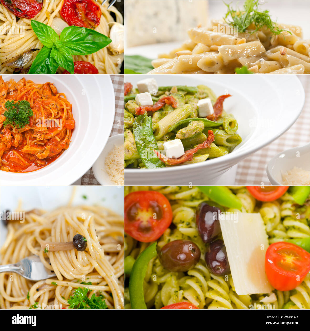 collection of different type of Italian pasta on collage white frame ...