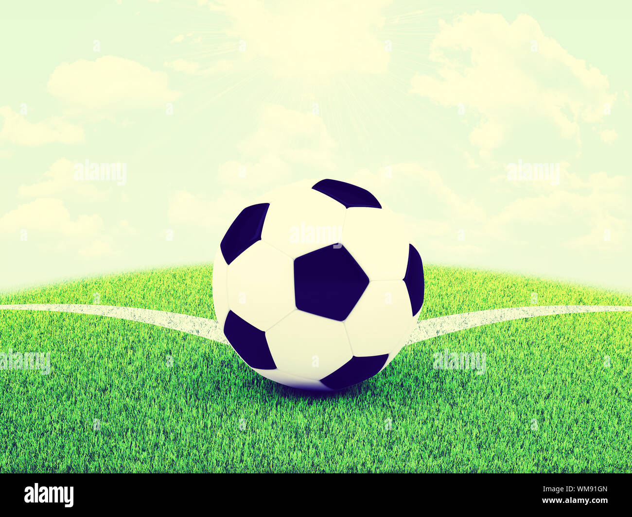 Soccer ball on a corner of the football field. Sky and clouds above ...