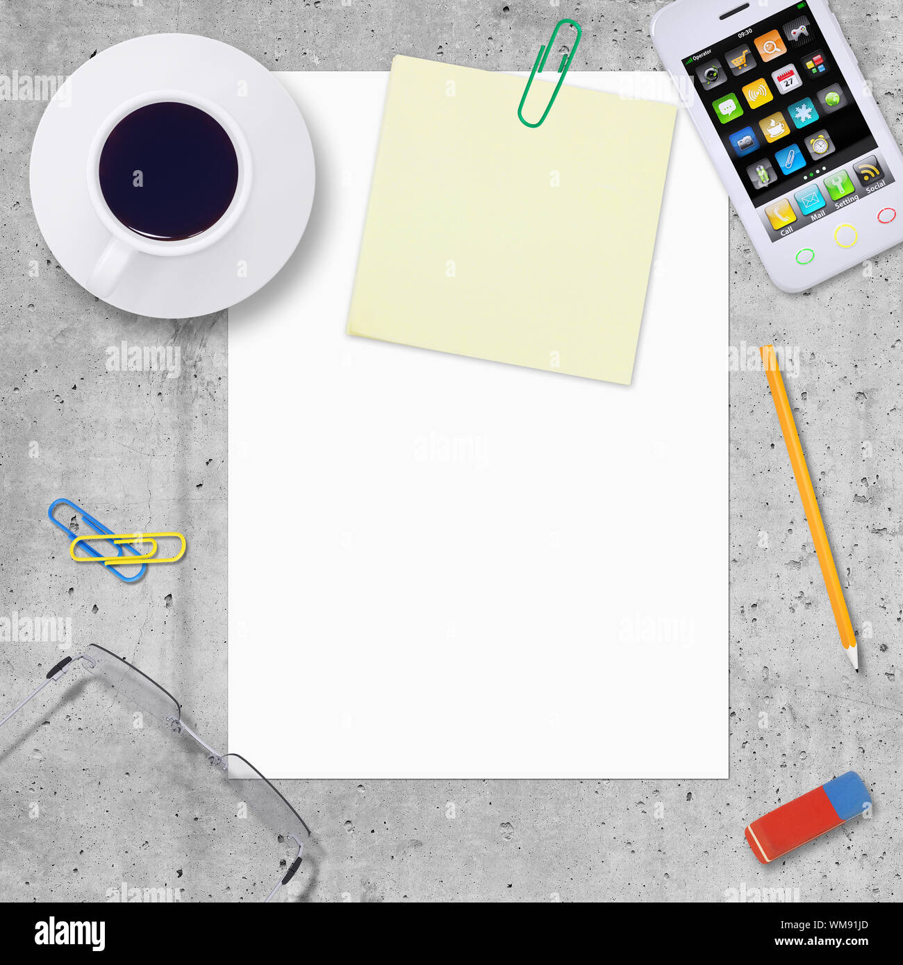 Blank paper with office and business work elements around, on smooth ...