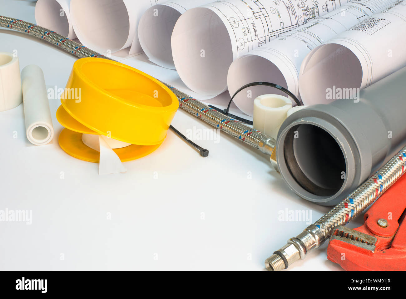 Drawing rolls, gas wrench, pipe joints, drain pipe, plumber's tape ...