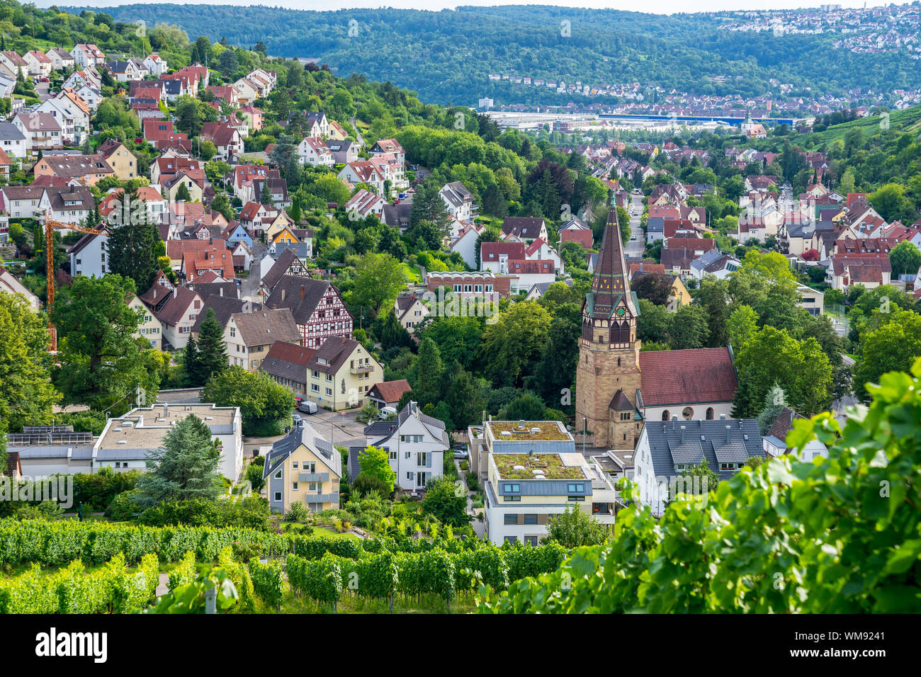 Germany, View above beautiful houses and church of village of stuttgart ...