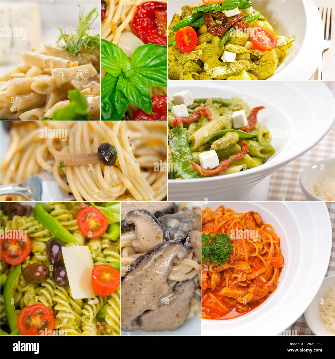 collection of different type of Italian pasta on collage white frame ...