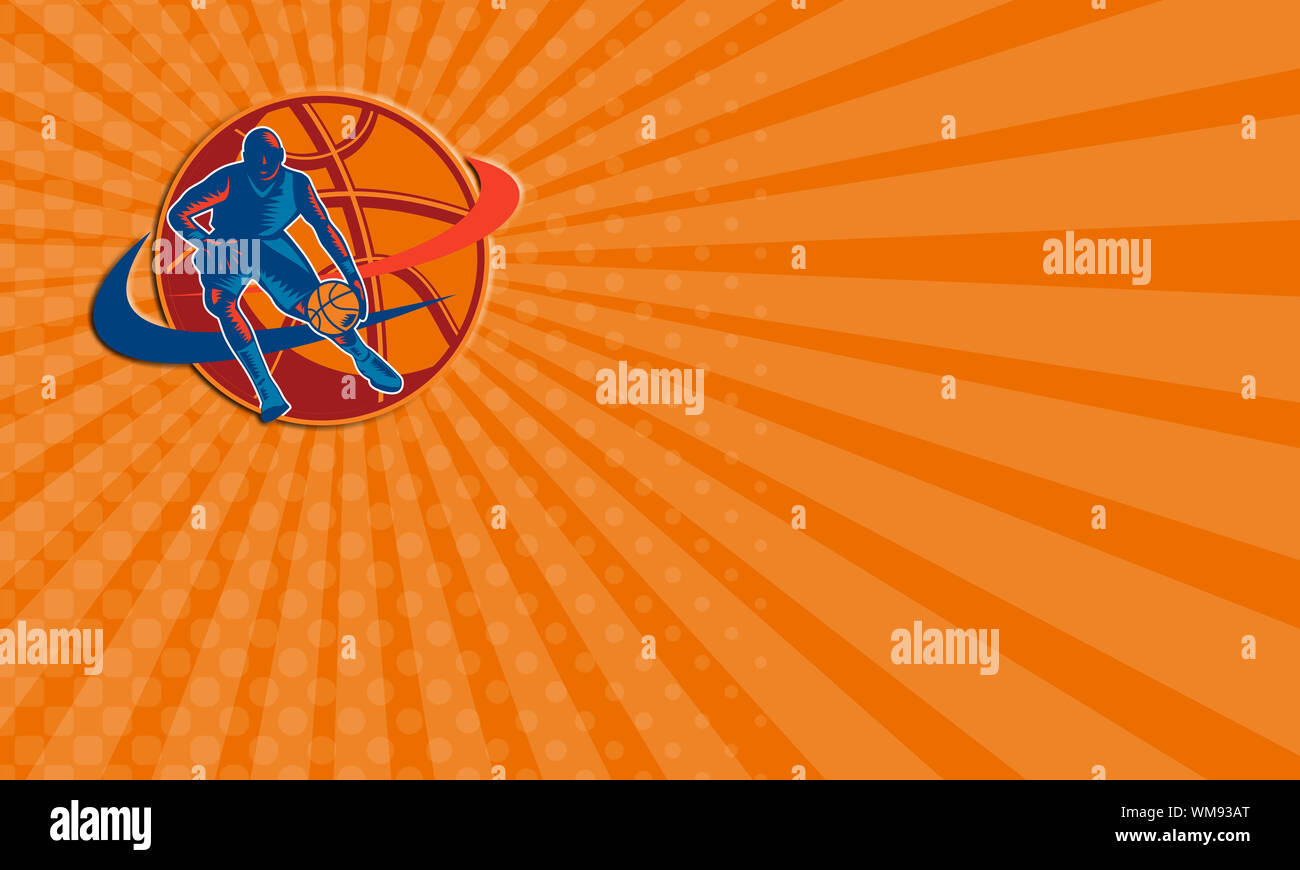 Business card showing illustration of a basketball player dribbling ...