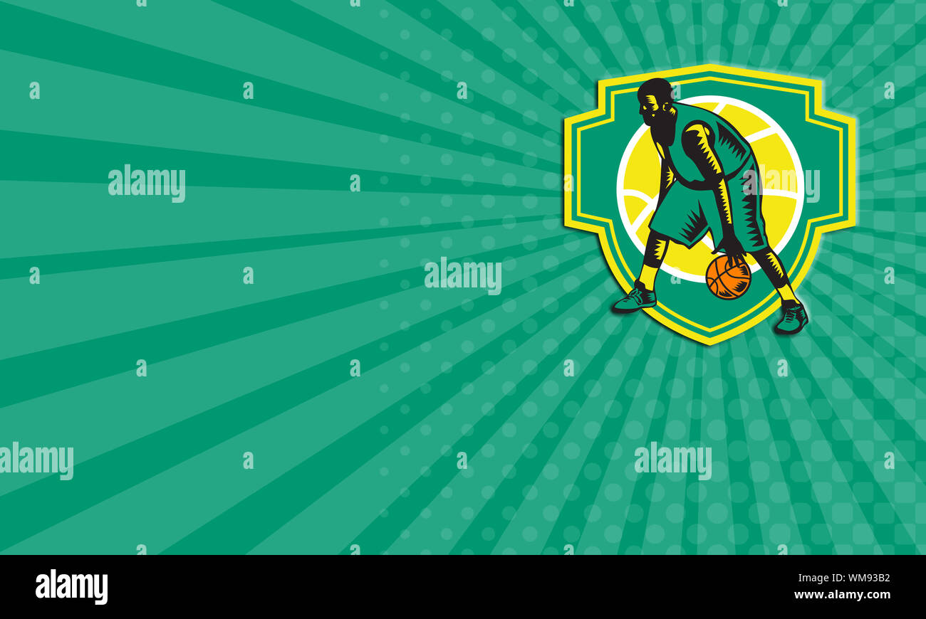 Business card showing illustration of a basketball player dribbling ...