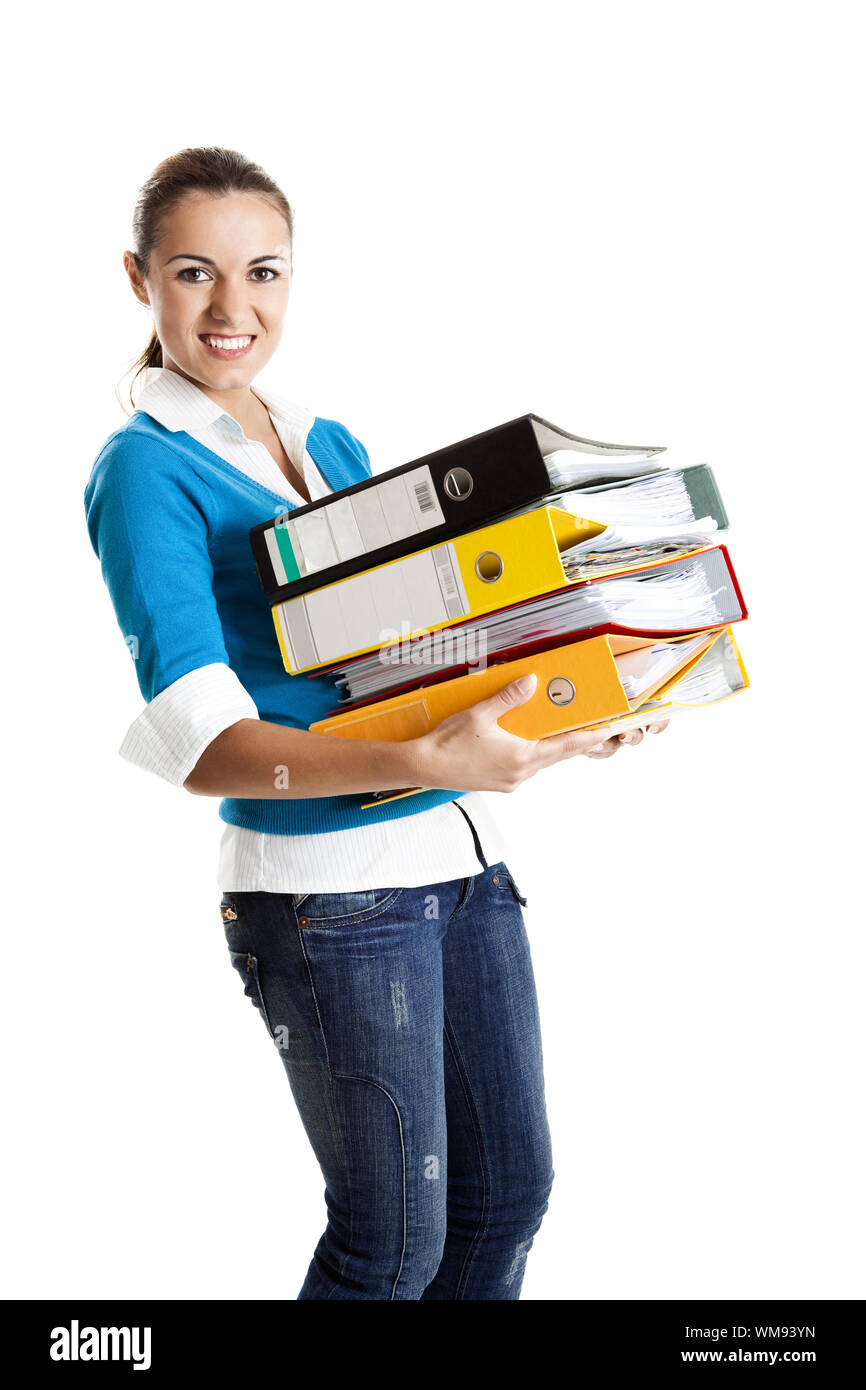 Beautiful female student holding folders isolated on white Stock Photo ...