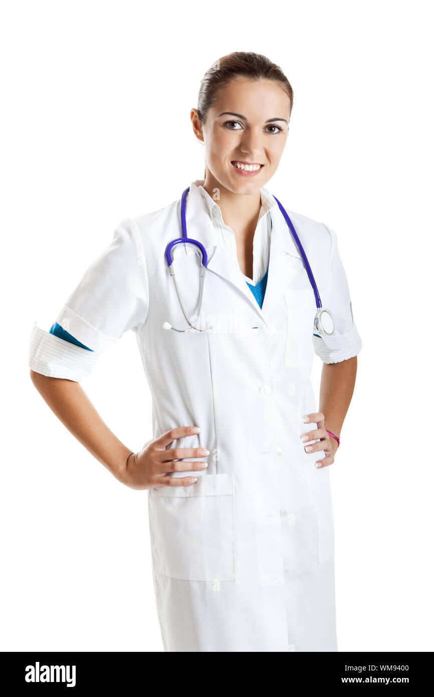 Beautiful female nurse with stethoscope isolated on white background ...