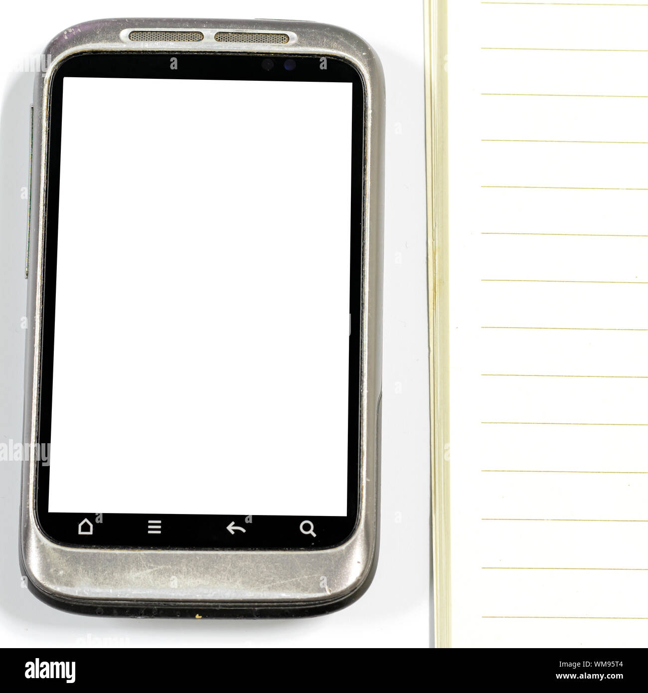 smartphone with note book on a white background Stock Photo - Alamy