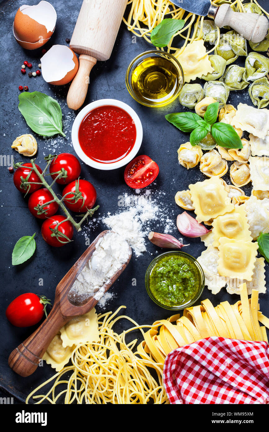 Italian food - Fresh Pasta with sauces and ingredients Stock Photo - Alamy