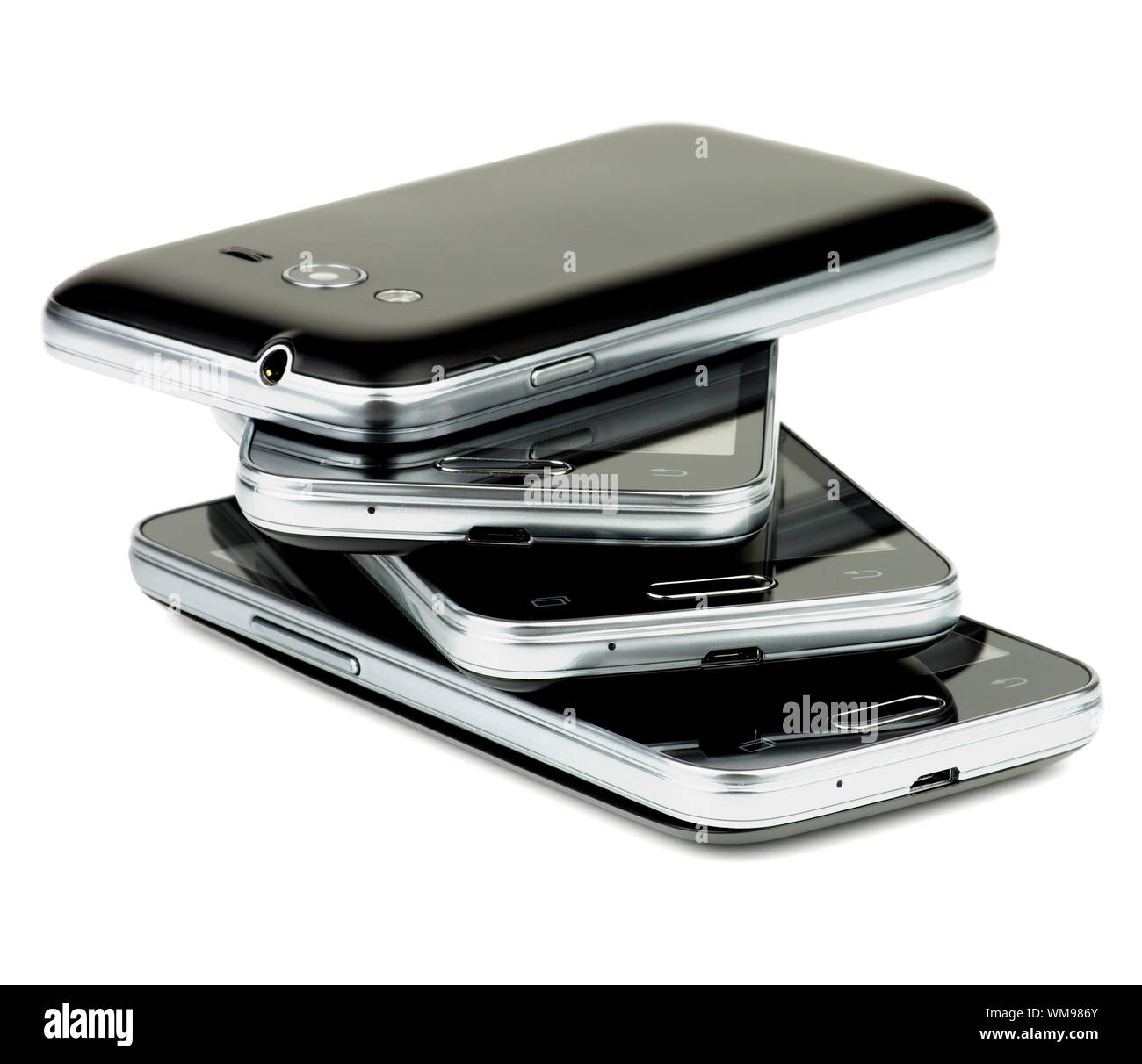 Stack of Contemporary Black Smartphones with Silver Details isolated on ...