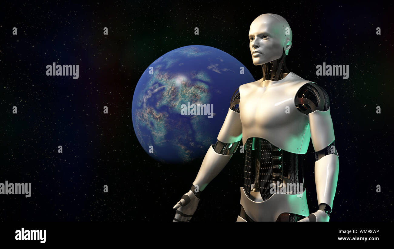 robot, cyborg in front of an alien planet Stock Photo - Alamy