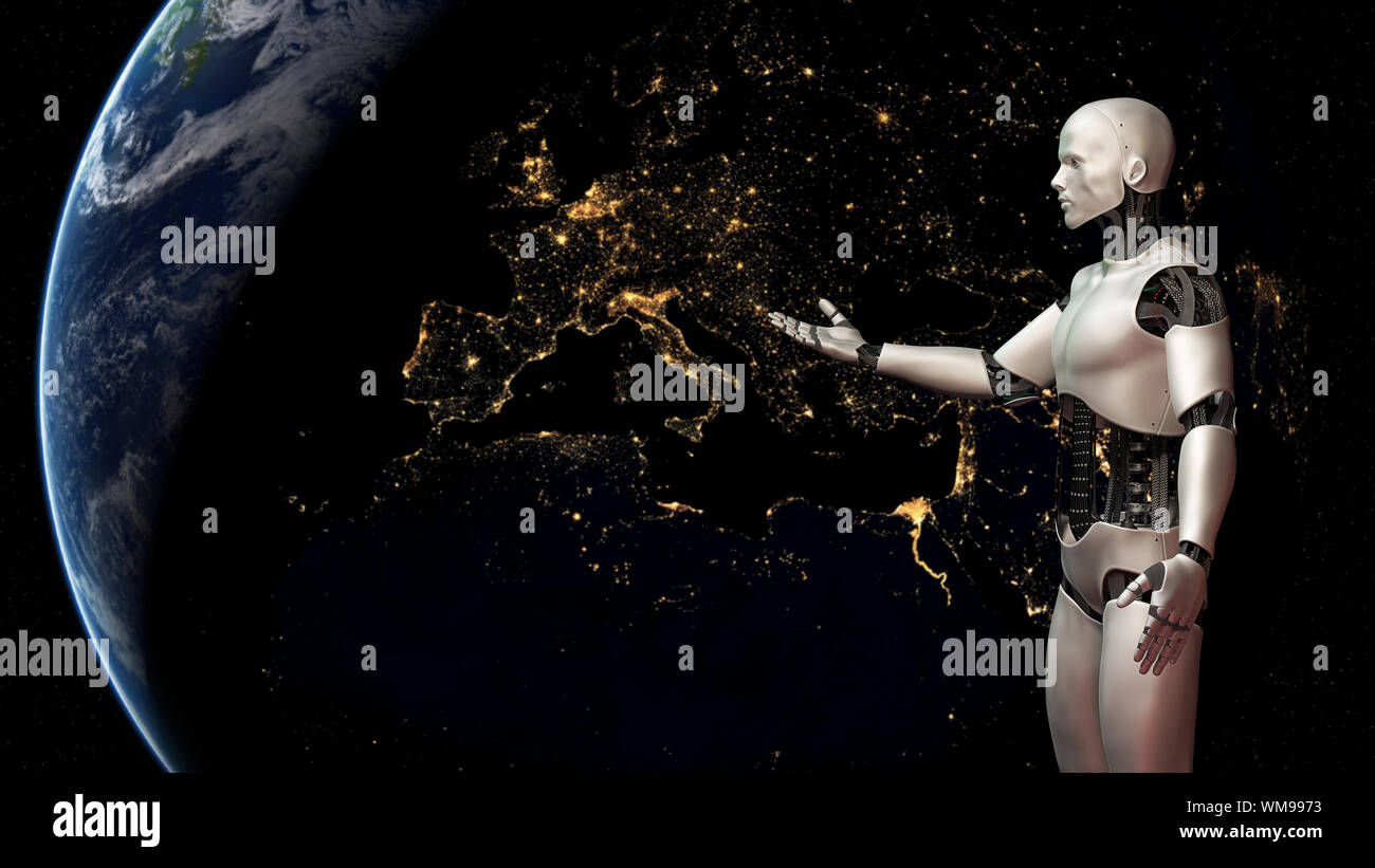 robot, cyborg presenting planet Earth (3d space illustration Stock Photo - Alamy