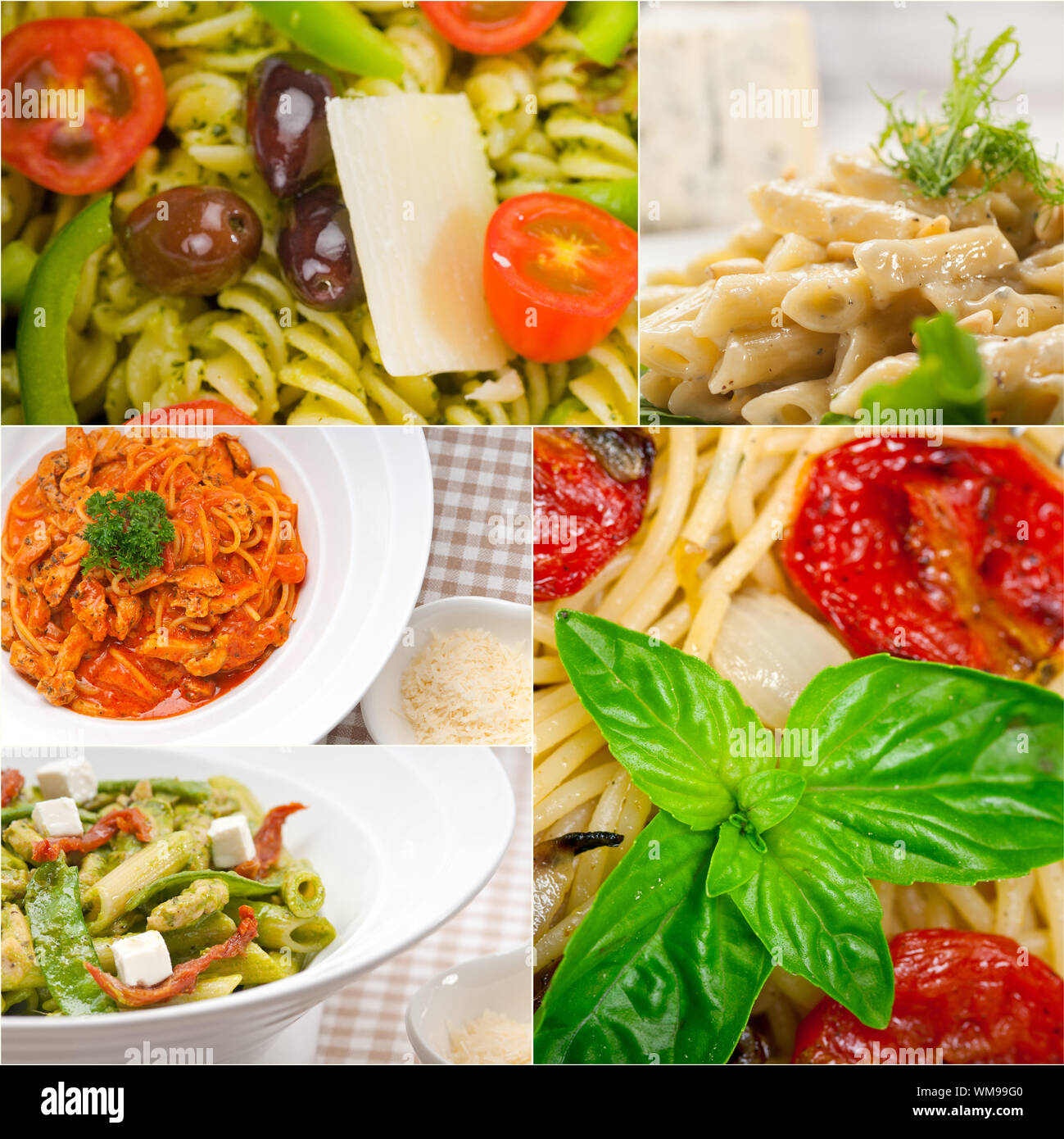 collection of different type of Italian pasta on collage white frame ...