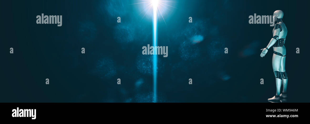 futuristic robot, android on shiny stage background lit by a bright ...