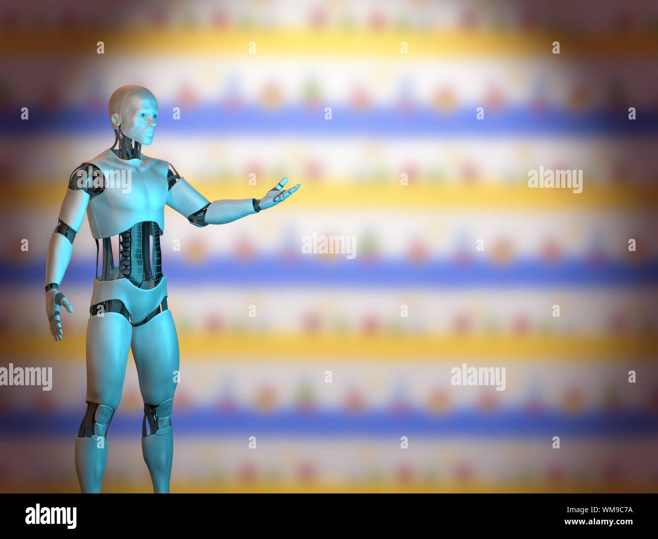 robot, humanoid cyborg presenting an empty space in front of a colorful ...
