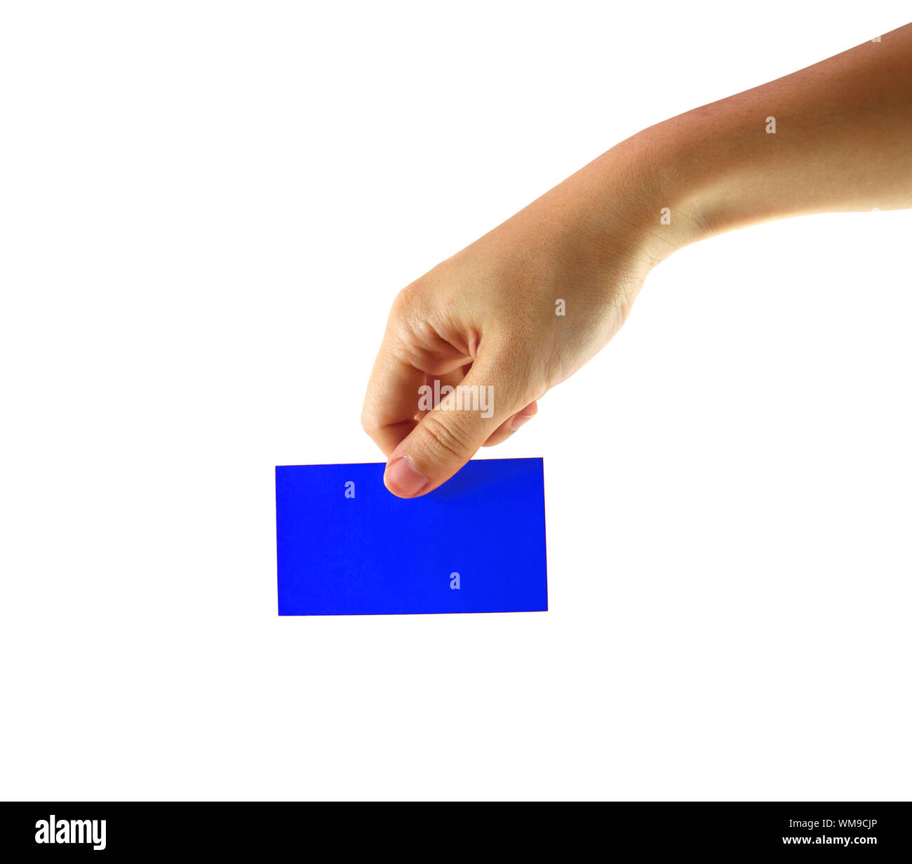 Woman's hand and blue card isolated on white Stock Photo - Alamy