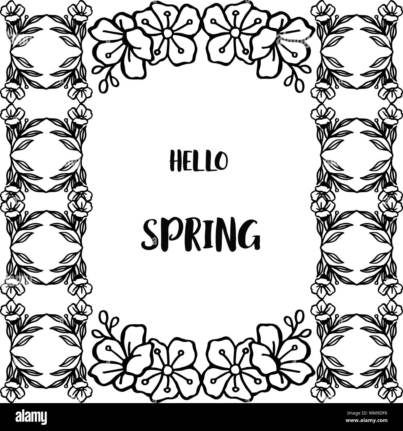 Greeting card hello spring with border of leaves flower frame. Vector ...