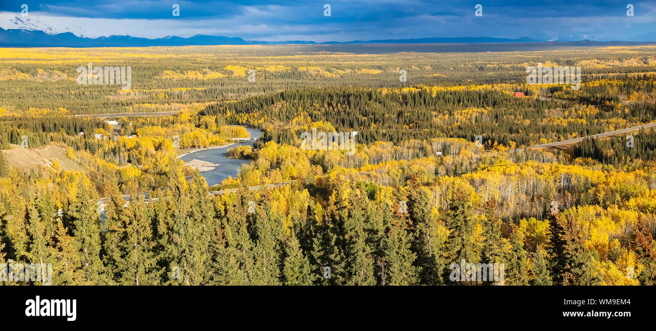 Panoramic autumn landscape with meandering river in Alaska Stock Photo ...