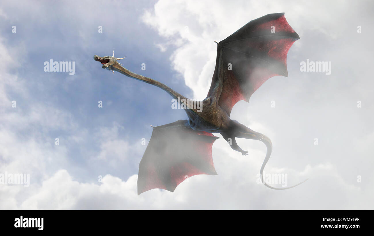 giant dragon, fairy tale creature flying through the clouds Stock Photo ...