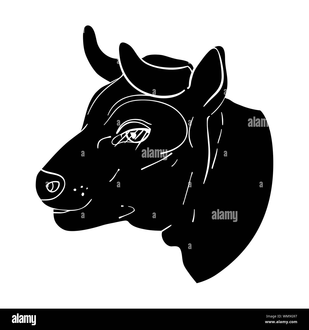 Cow head avatar, Chinese zodiac sign, black silhouette isolated on ...