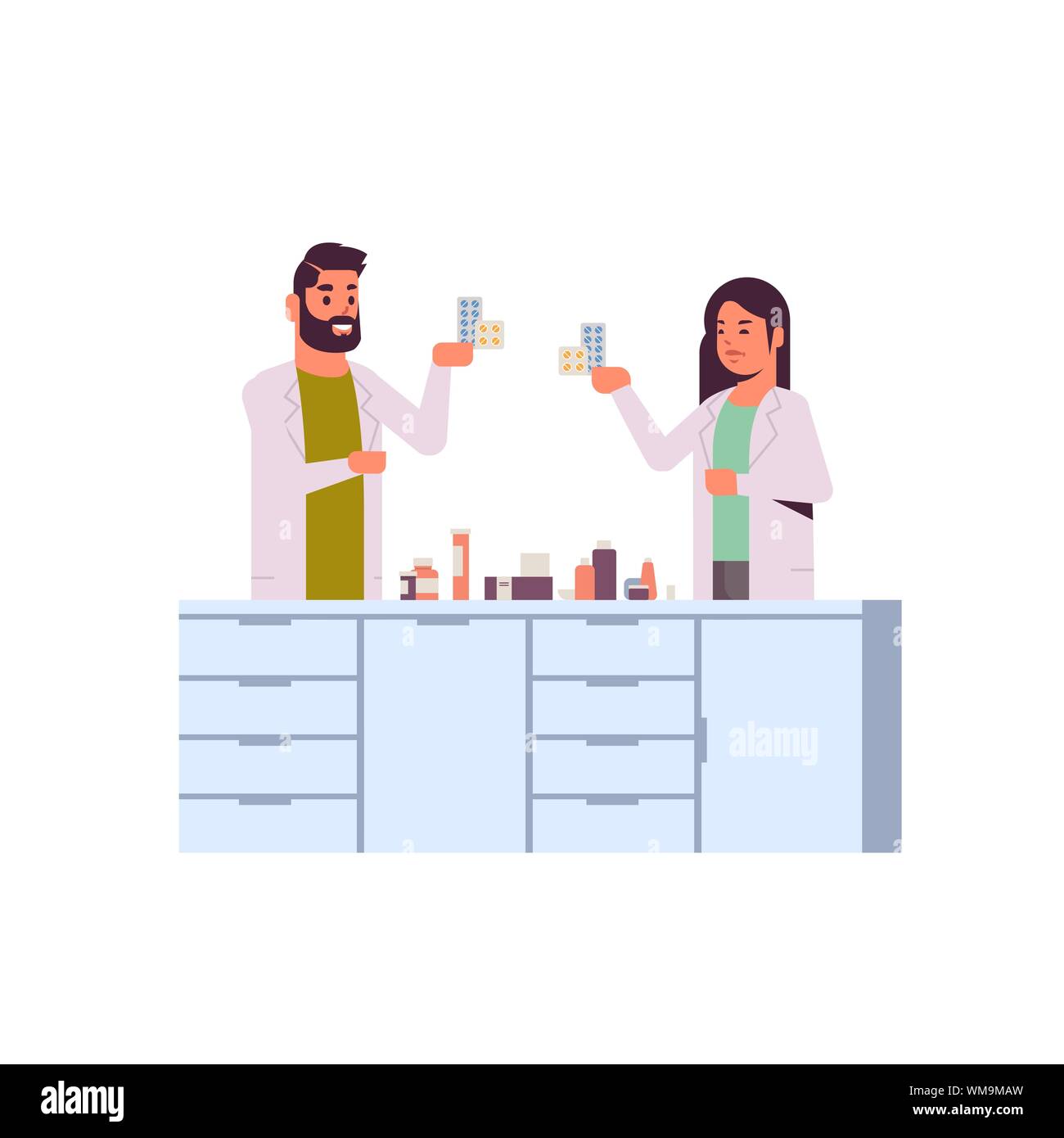 scientific researchers couple holding drugs packages man woman in ...