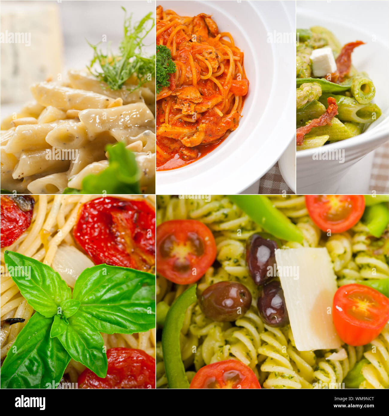 collection of different type of Italian pasta on collage white frame ...