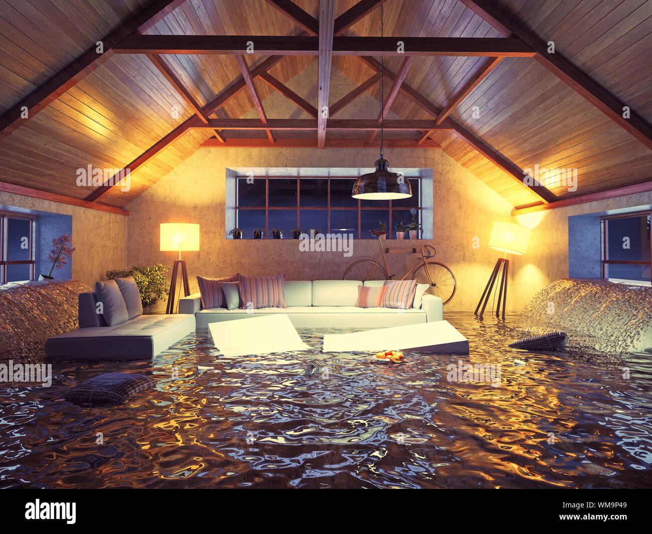 flooding modern interior loft in the evening. 3d concept design Stock ...