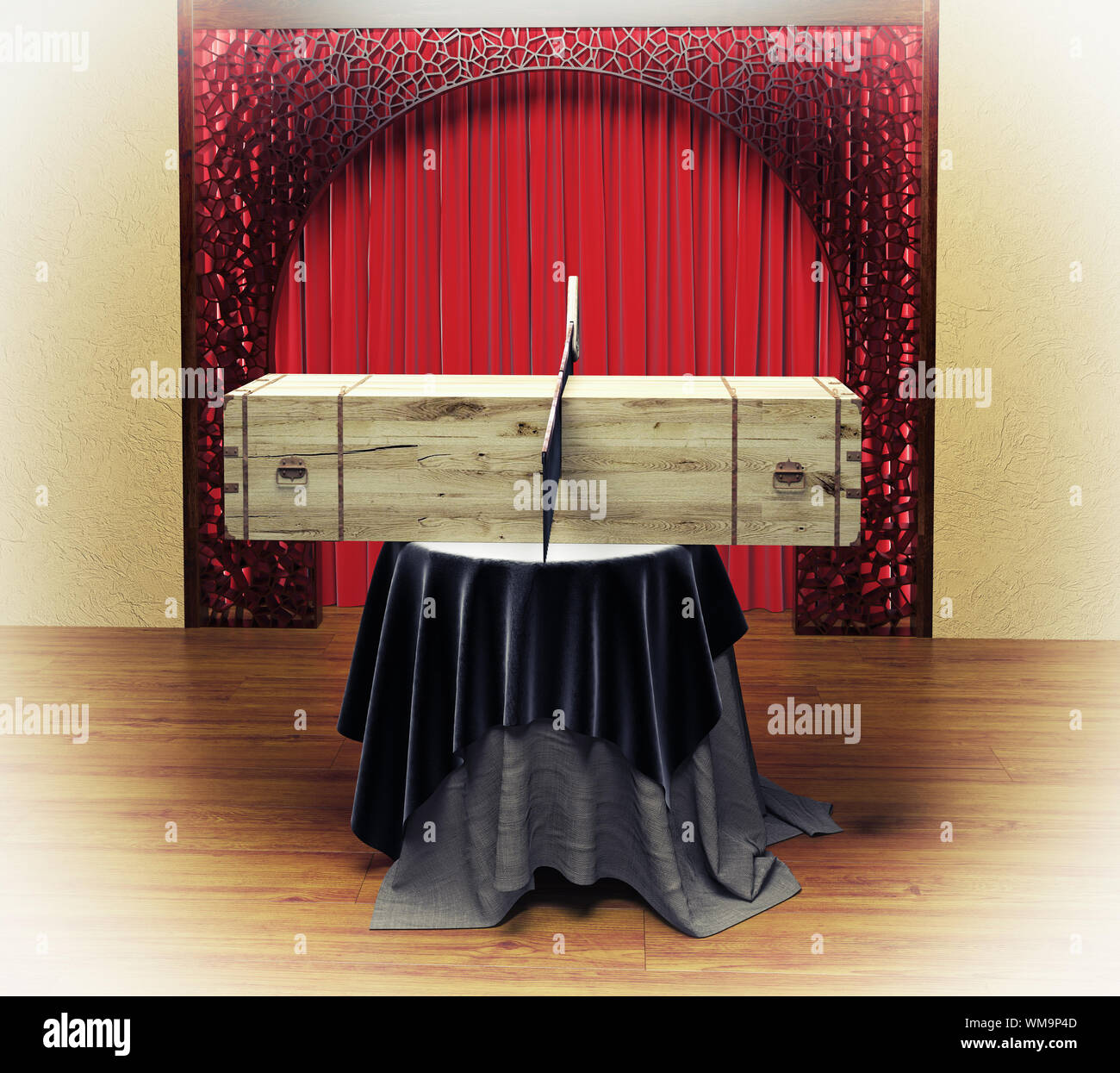 Magician sawing box for woman with a saw.Photo combination concept ...