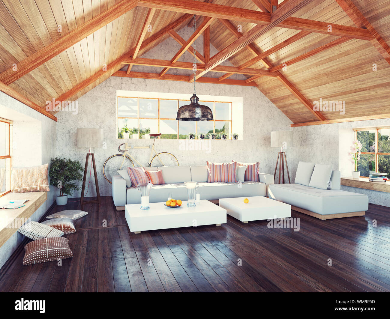 beautiful modern attic interior. 3d design concept Stock Photo - Alamy