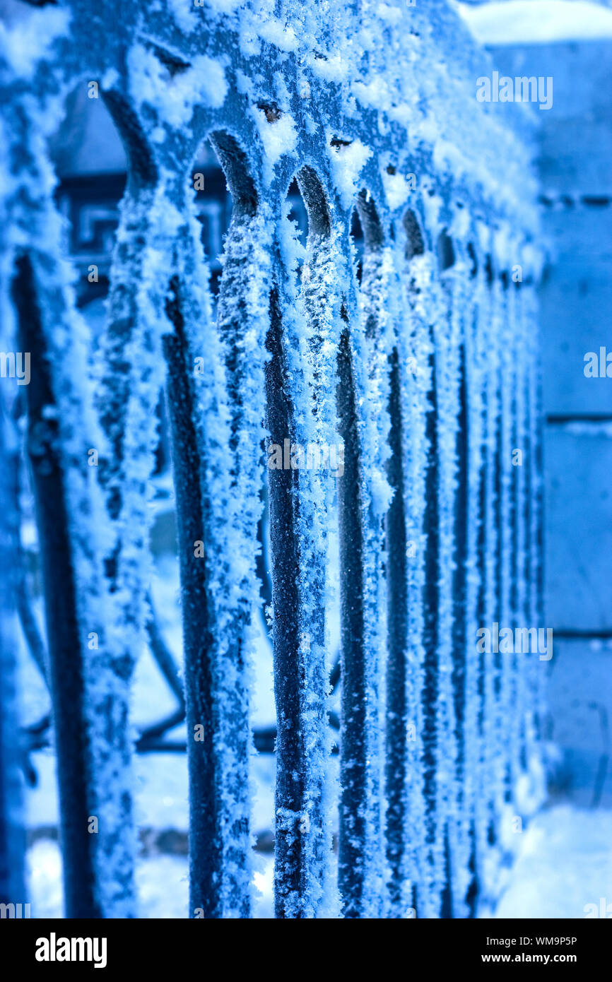 Close up view of frozen black iron fence and big frost on it. Blue ...