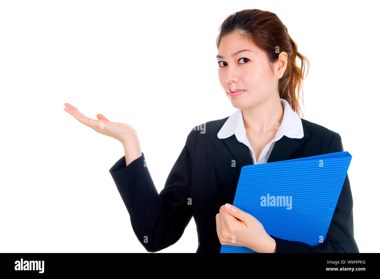 Portrait of a beautiful young businesswoman, holding out her hand as ...