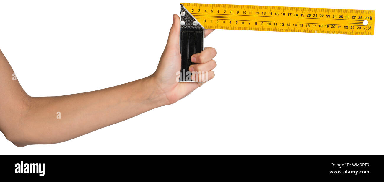 Female hand, bare, holding angle ruler, isolated over white background ...