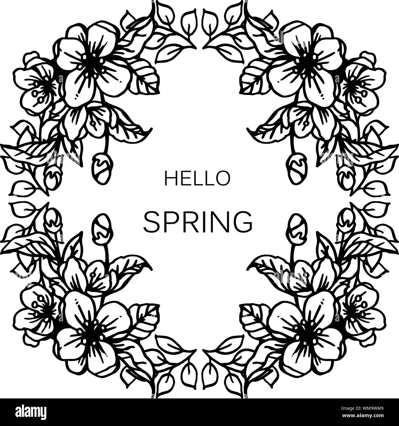 Invitation card hello spring, with silhouette wreath frame on white ...