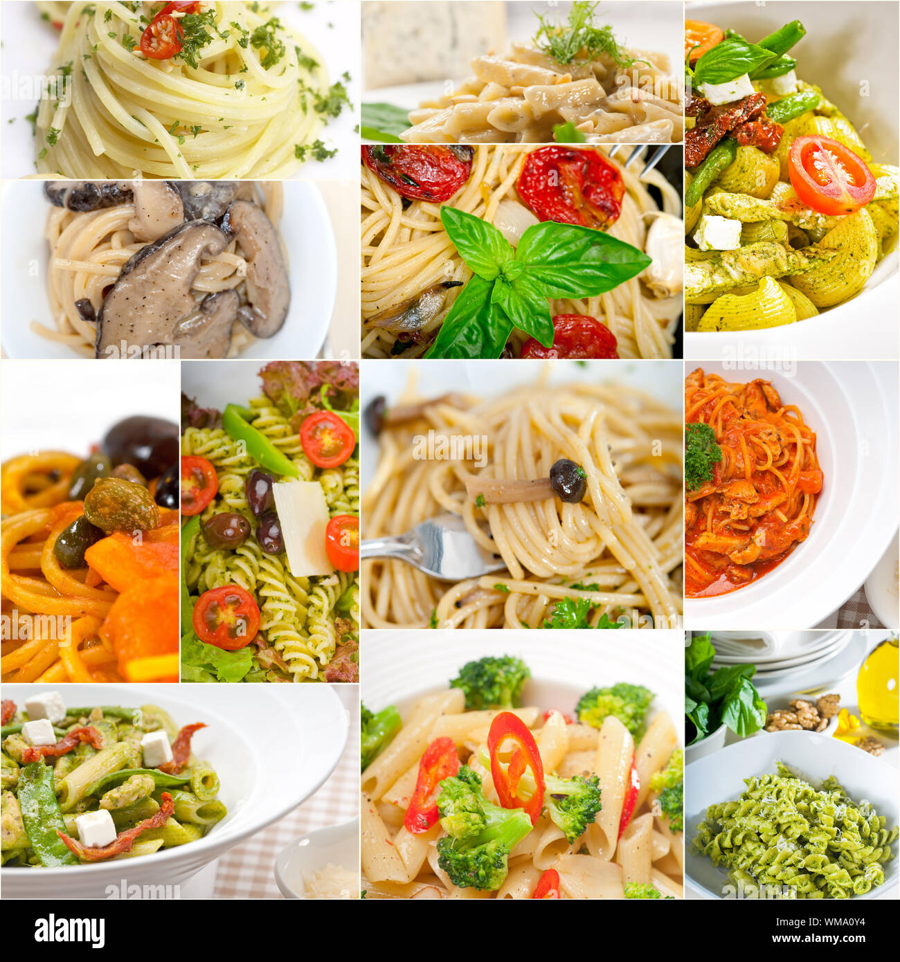 collection of different type of Italian pasta on collage white frame ...