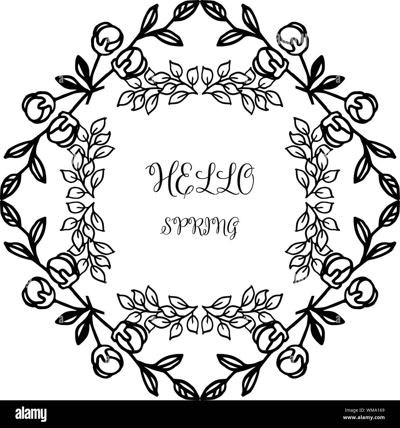 Hello spring lettering text with various crowd of leaf flower frame ...